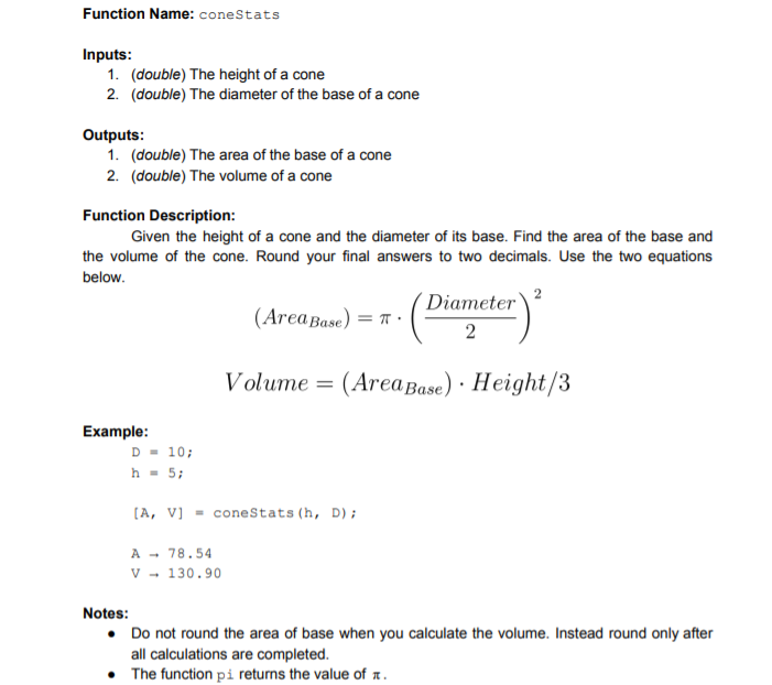 Solved Work thus far... function [base_area, volume] = | Chegg.com