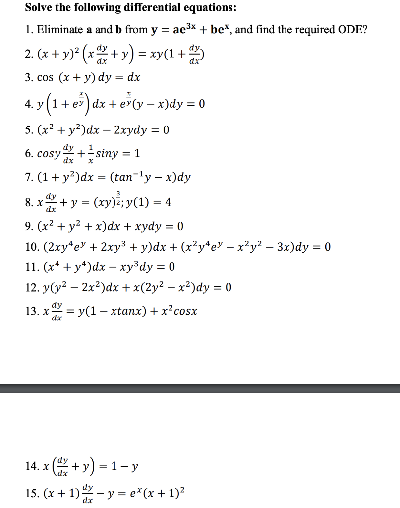 Solved dx Solve the following differential equations: 1. | Chegg.com