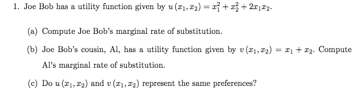 Solved 1. Joe Bob has a utility function given by u (21, 22) | Chegg.com