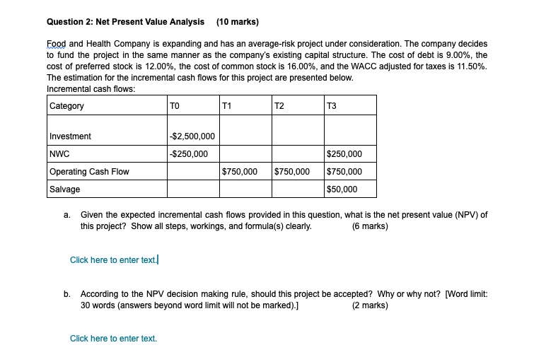 Solved Question 2: Net Present Value Analysis (10 marks) | Chegg.com