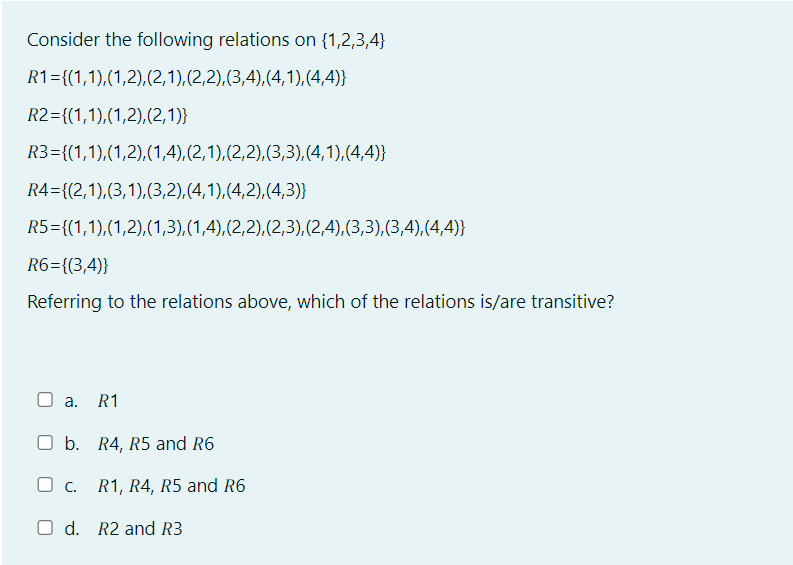 Solved Consider the following relations on {1,2,3,4} | Chegg.com