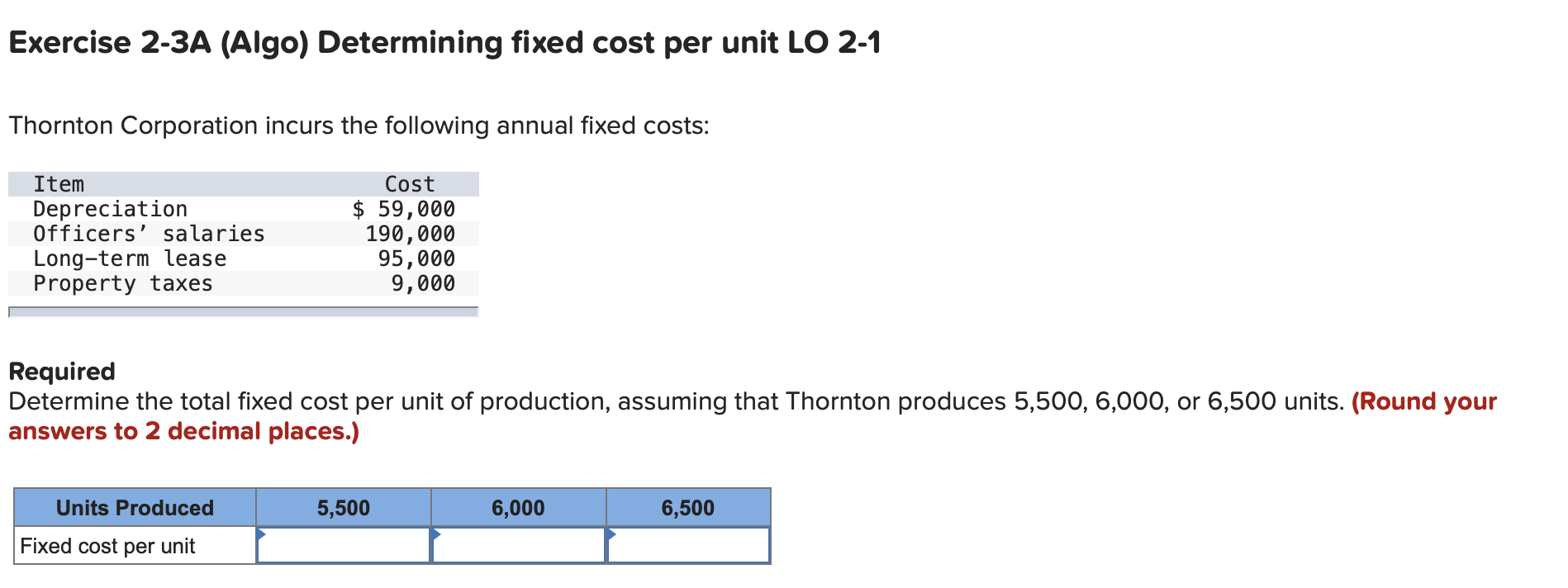 Solved Exercise 2-3A (Algo) Determining fixed cost per unit | Chegg.com