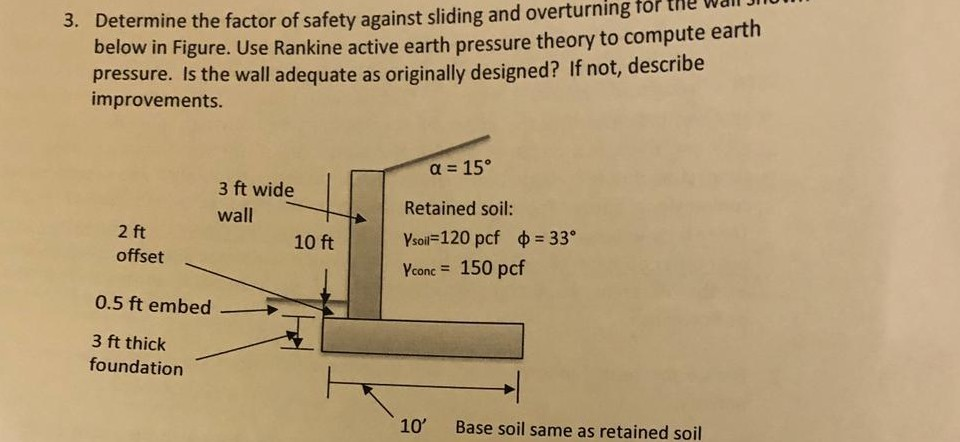 Solved 3. Determine the factor of safety against sliding and | Chegg.com