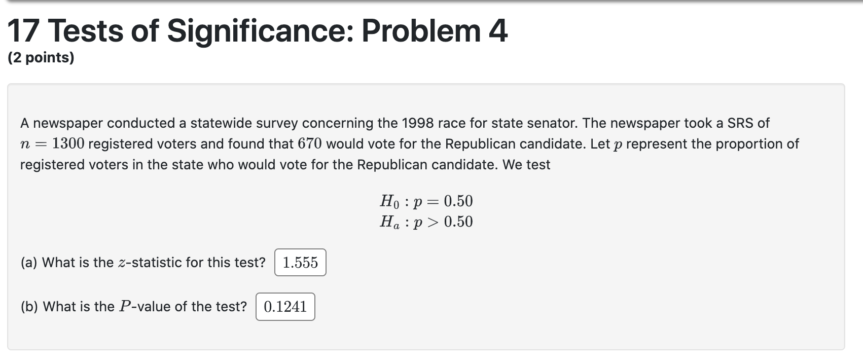 Solved 17 Tests of Significance: Problem 4 (2 points) A | Chegg.com