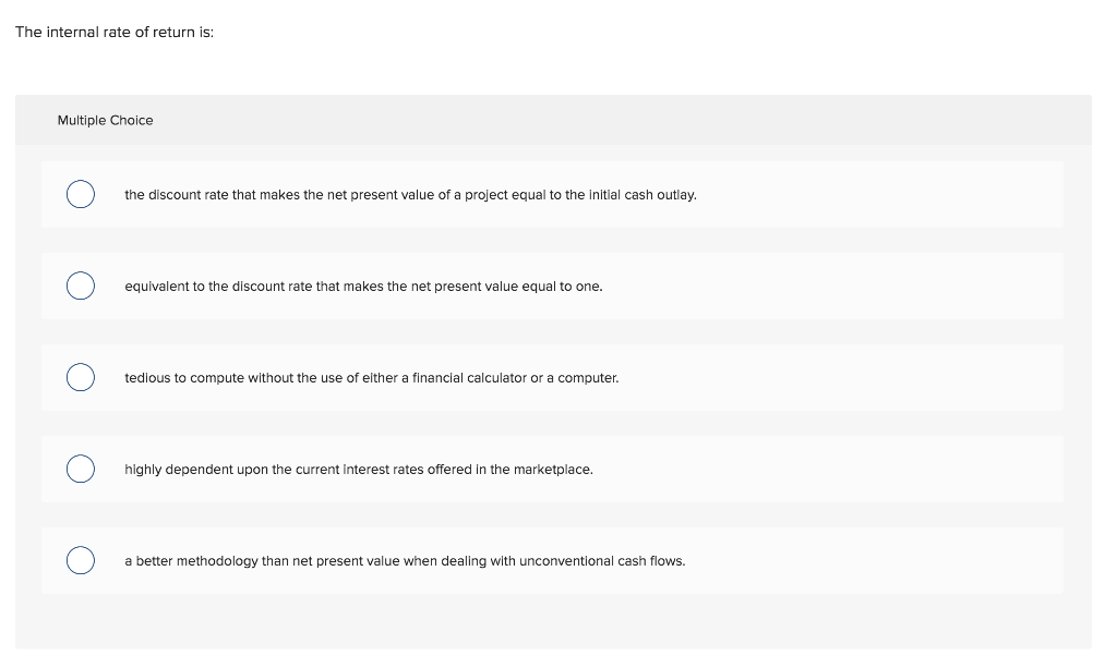 Solved The internal rate of return is: Multiple Choice the | Chegg.com