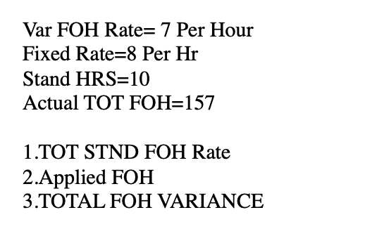 Solved Var FOH Rate= 7 Per Hour Fixed Rate=8 Per Hr Stand | Chegg.com