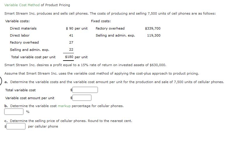 Solved Variable Cost Method of Product Pricing Smart Stream | Chegg.com