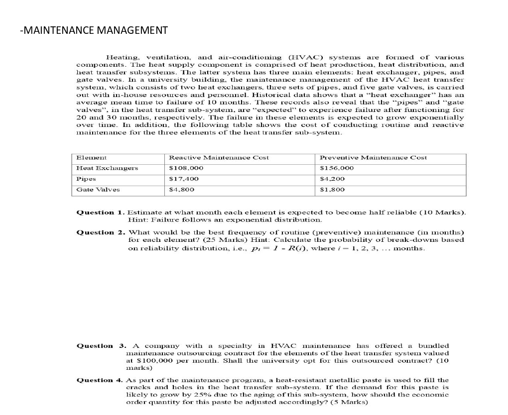 Solved -MAINTENANCE MANAGEMENT Heating, ventilation, and | Chegg.com
