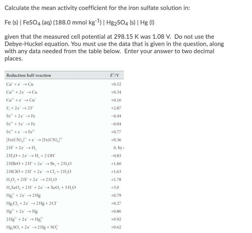 Solved Calculate the mean activity coefficient for the iron | Chegg.com