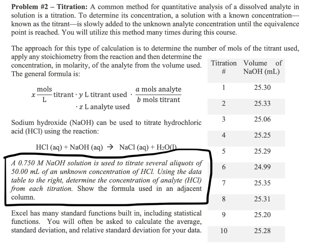 Solved 1 х Problem #2 – Titration: A common method for | Chegg.com
