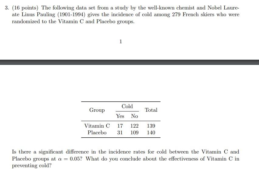 Solved 3. (16 points) The following data set from a study by | Chegg.com