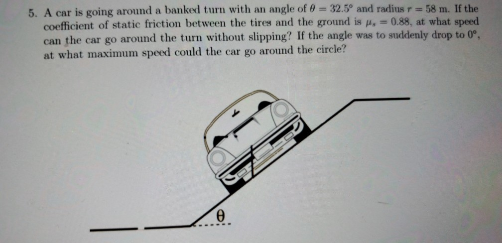 Solved 5. A car is going around a banked turn with an angle | Chegg.com