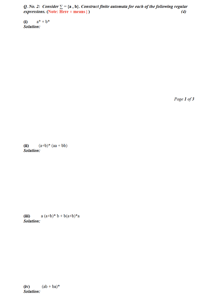Solved Q. No. 2: Consider = {a,b}. Construct finite automata | Chegg.com