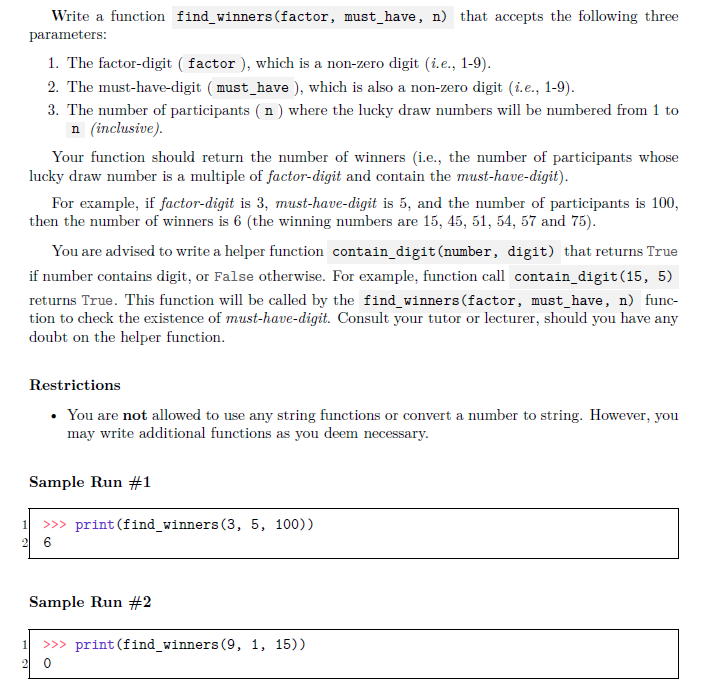 Solved Write a function find_winners (factor, must_have, n) | Chegg.com