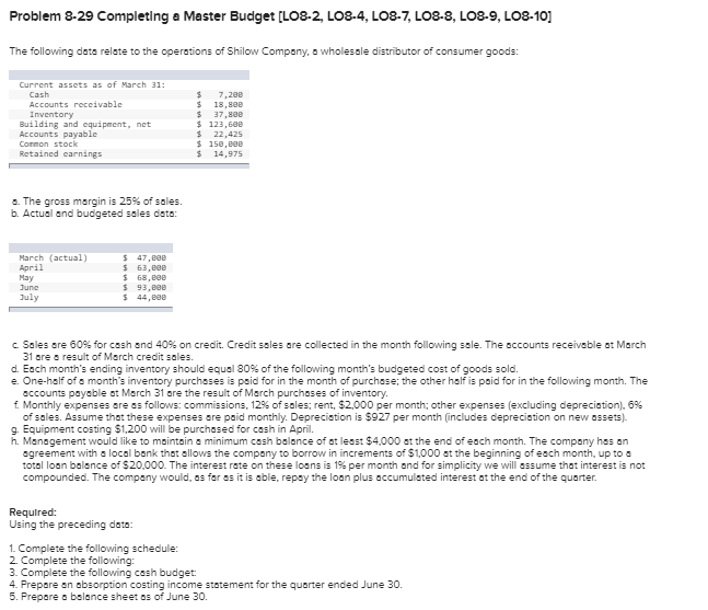 Solved Problem 8-29 Completing a Master Budget [LO8-2, | Chegg.com