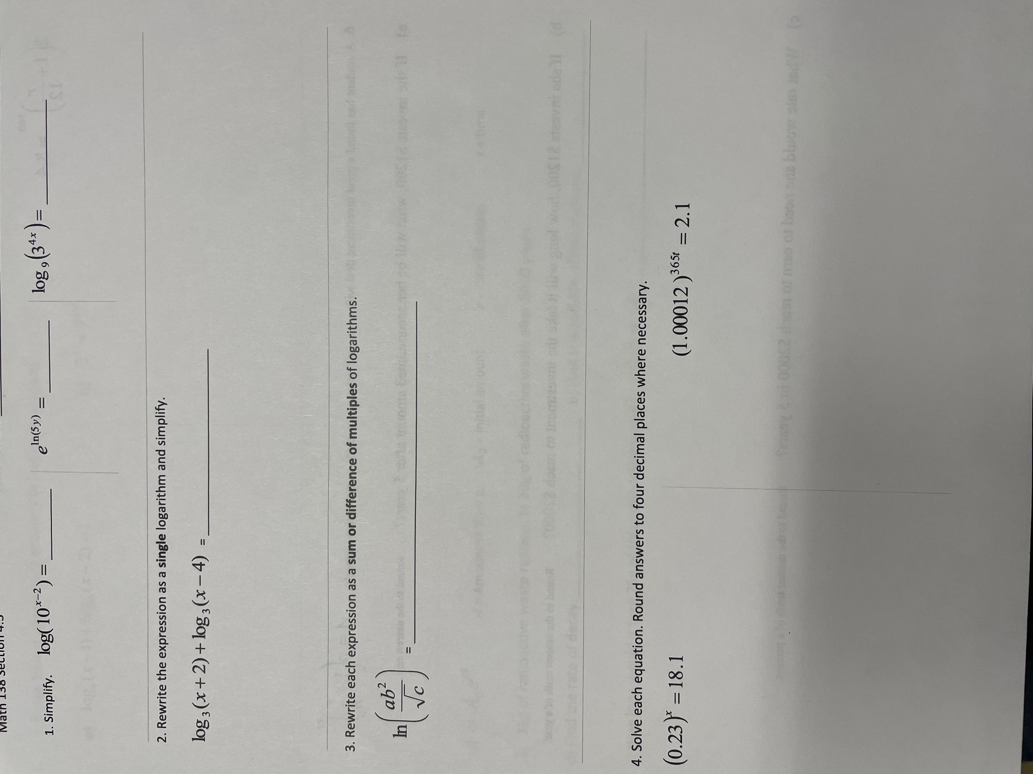 Solved 1. Simplify. log(10x−2)= eln(5y)= log9(34x)= 2. | Chegg.com