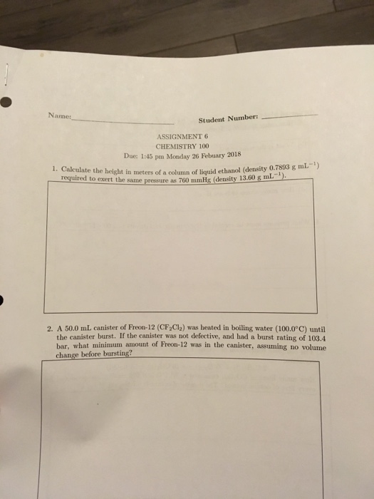 Solved Name: Student Number: ASSIGNMENT 6 CHEMISTRY 100 Due: | Chegg.com