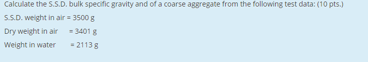 Solved Calculate the S.S.D. bulk specific gravity and of a | Chegg.com