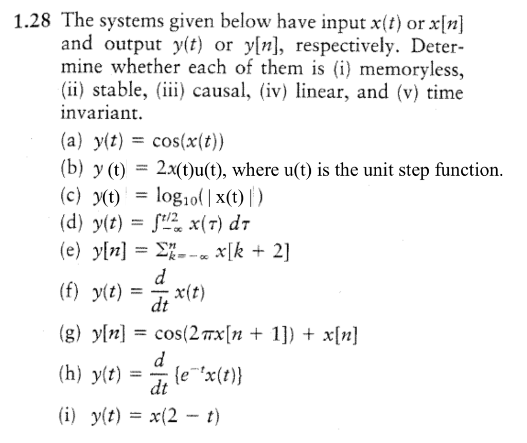 Solved 1.28 The systems given below have input x(t) or x[n] | Chegg.com
