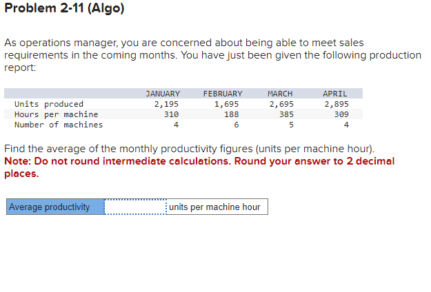 Solved Problem 2-11 (Algo)As operations manager, you are | Chegg.com