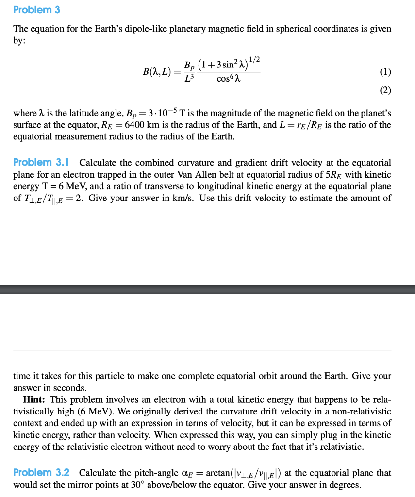 Solved The equation for the Earth's dipole-like planetary | Chegg.com