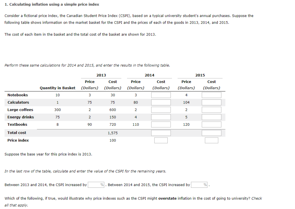Solved 1. Calculating inflation using a simple price index | Chegg.com