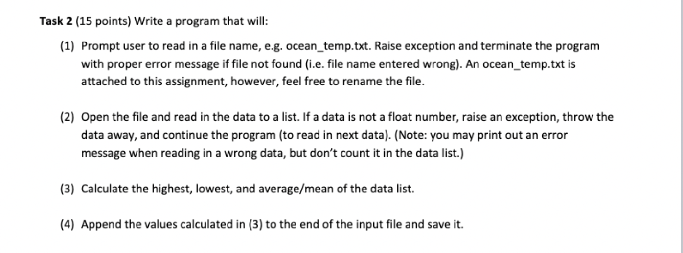 Solved Task 2 (15 points) Write a program that will: (1) | Chegg.com