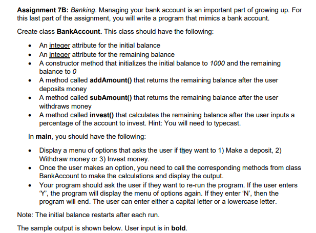 Solved Assignment 7B: Banking. Managing your bank account is | Chegg.com
