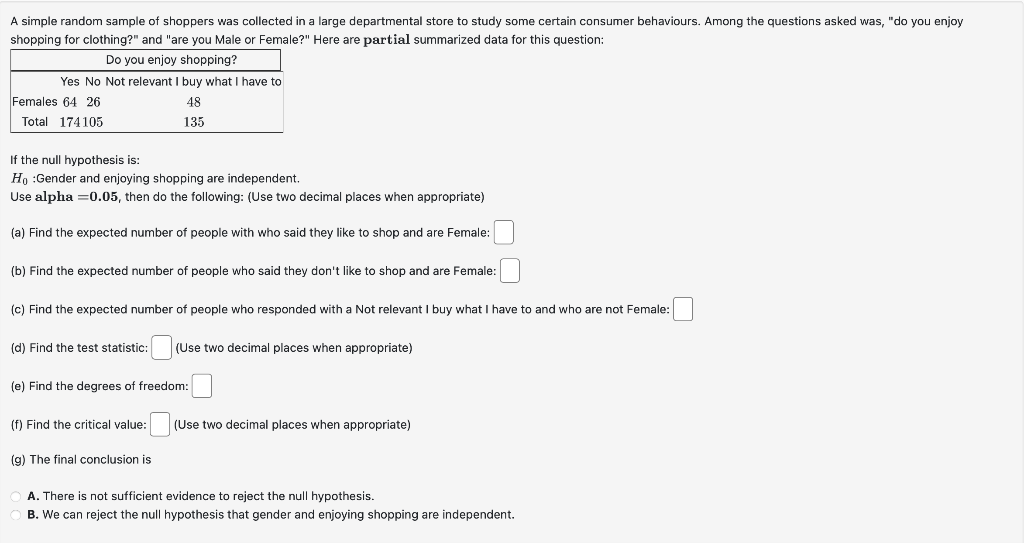 Solved A simple random sample of shoppers was collected in a | Chegg.com