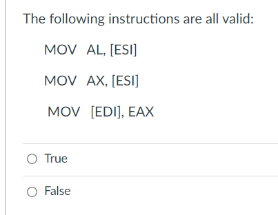 Solved The following instructions are all valid: MOV | Chegg.com