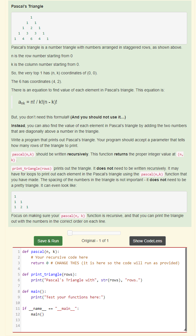 Solved Pascal's Triangle 1 1 1 1 1 2 1 1 3 3 1 4 6 4 1 1 | Chegg.com