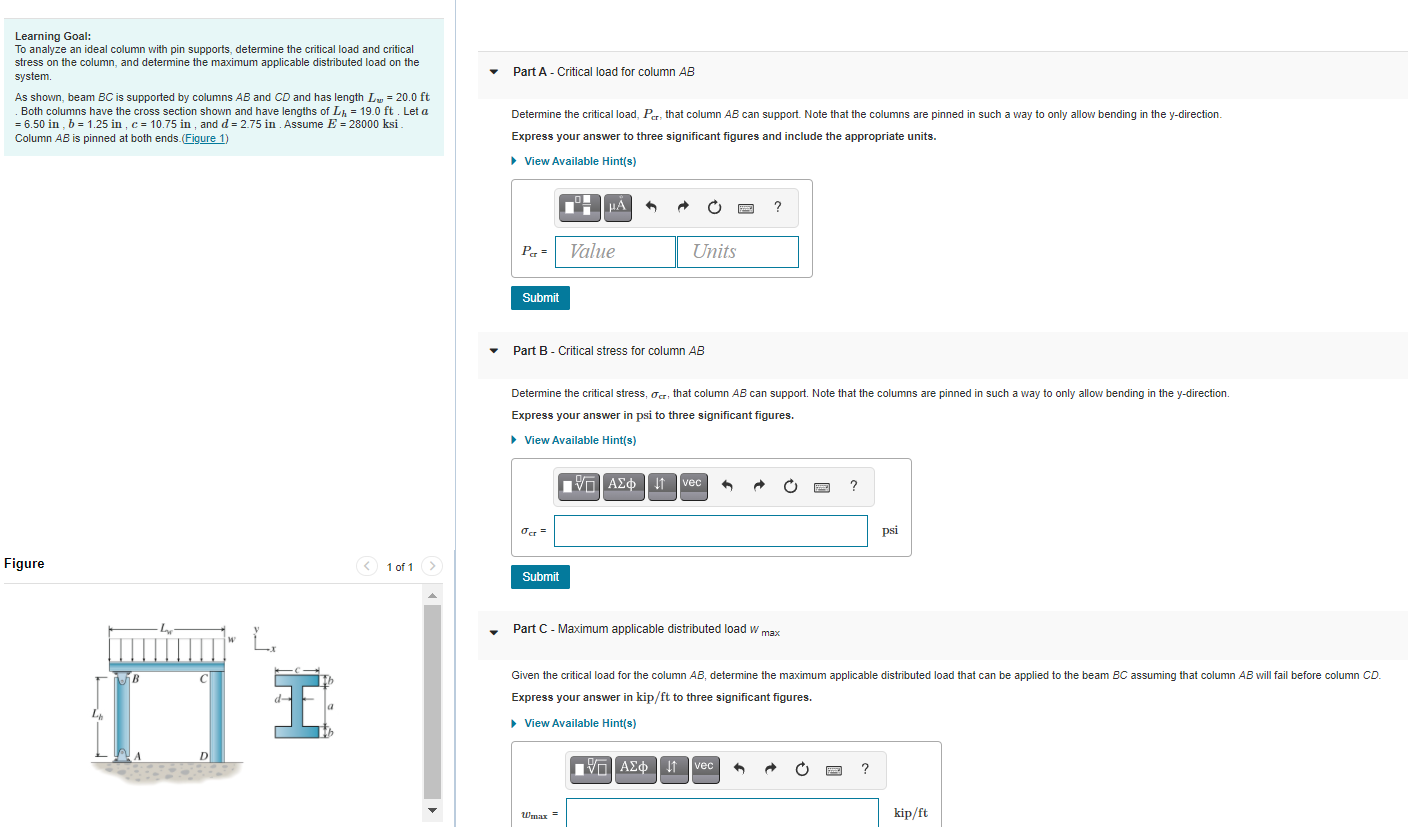 Solved Part A - Critical load for column AB Learning Goal: | Chegg.com