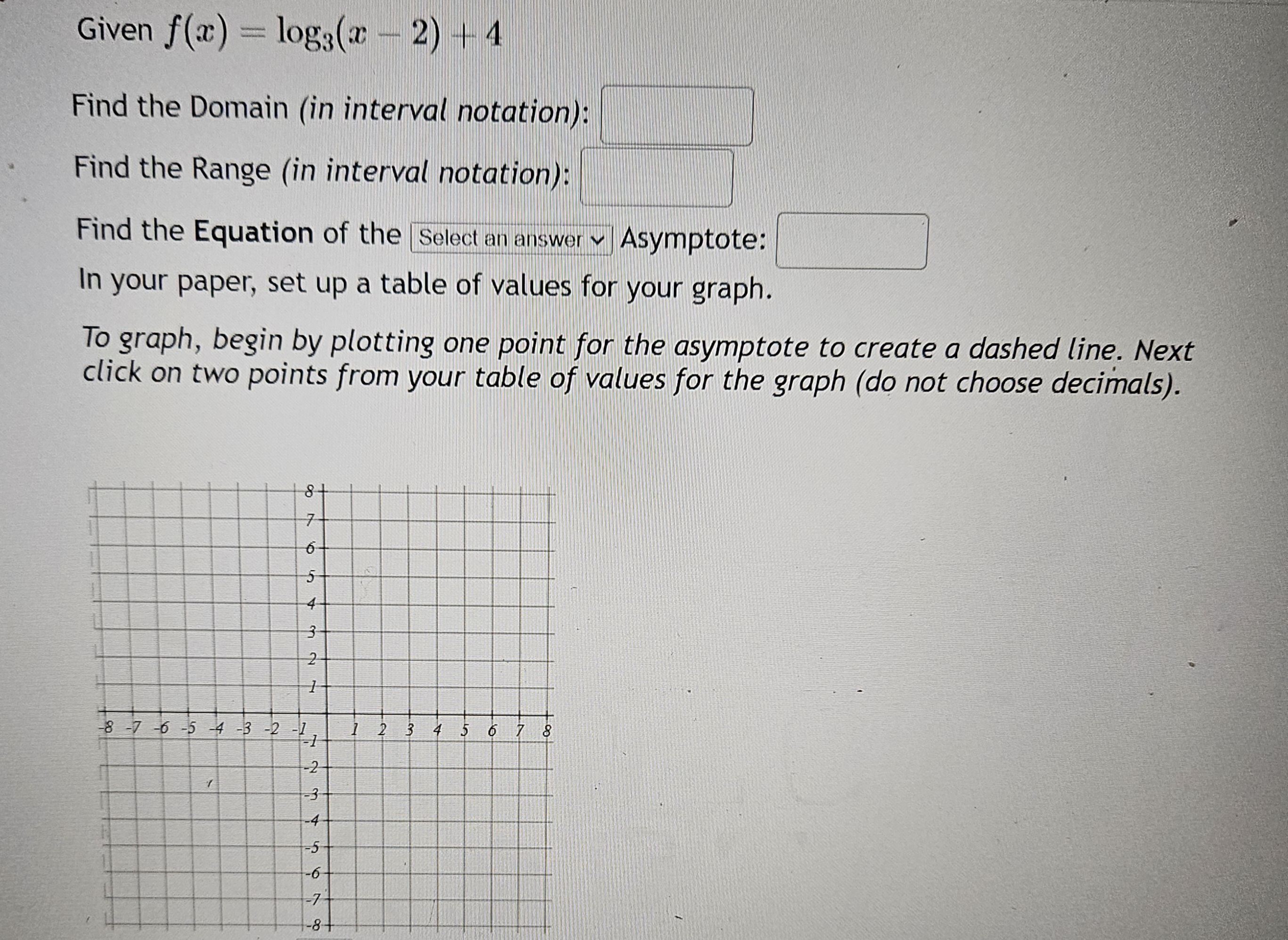 Solved Given \( ﻿f(x)=\log _{3}(x-2)+4 \)Find the Domain (in | Chegg.com