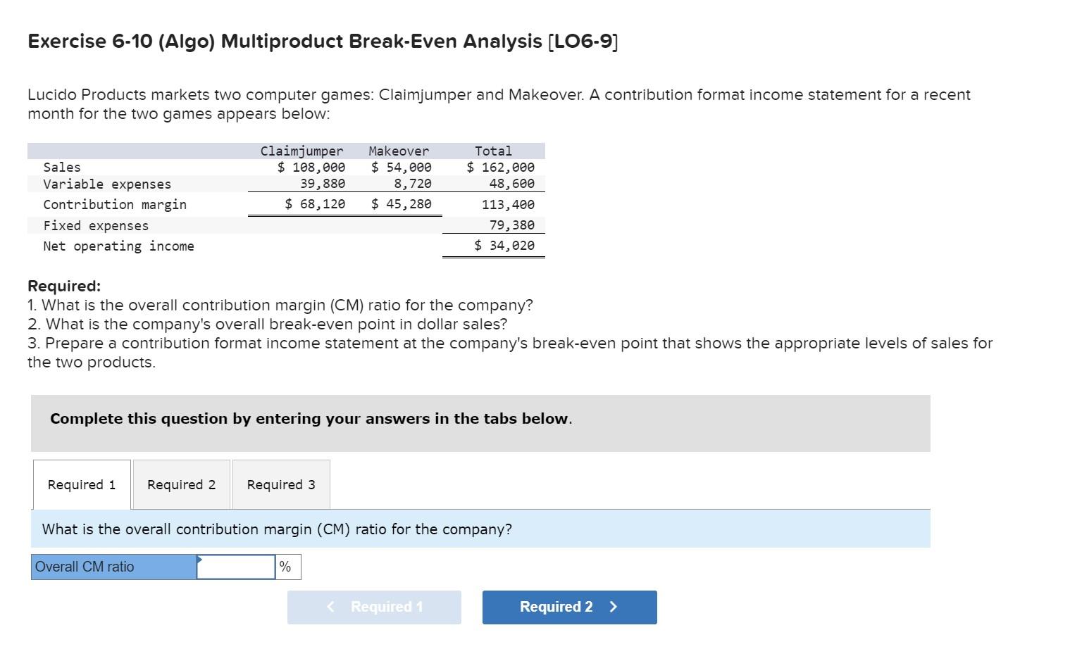 Solved Exercise 6-10 (Algo) Multiproduct Break-Even Analysis | Chegg.com