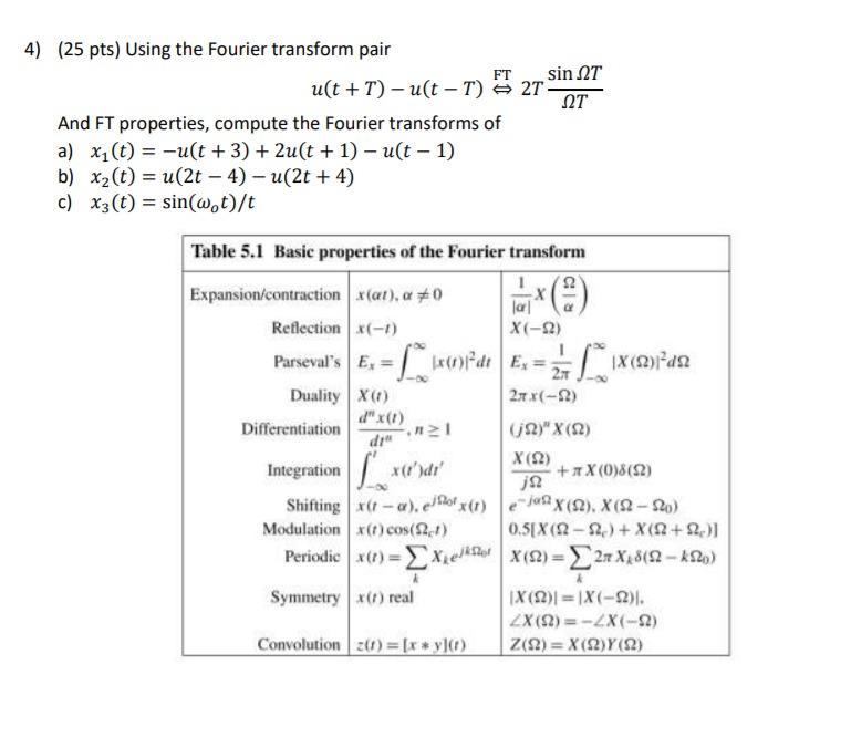 Solved 4) (25 pts) Using the Fourier transform pair sin ΩΤ | Chegg.com