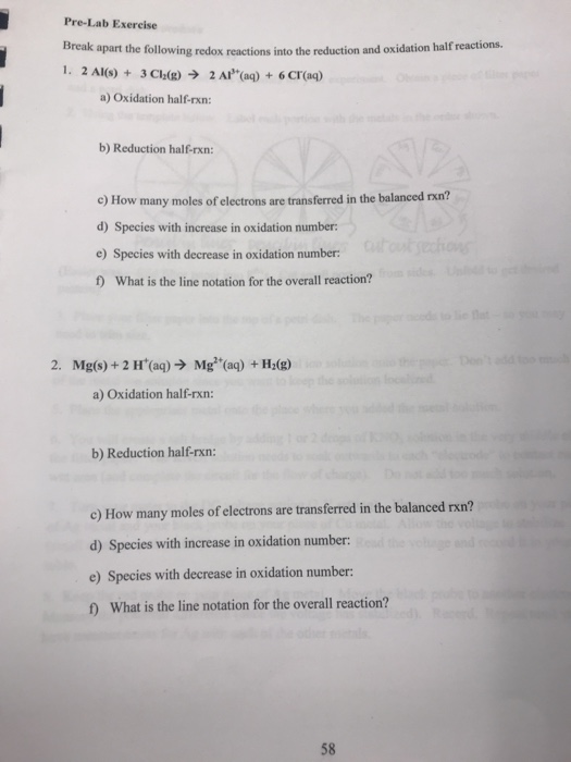Solved Pre-Lab Exercise Break apart the following redox | Chegg.com