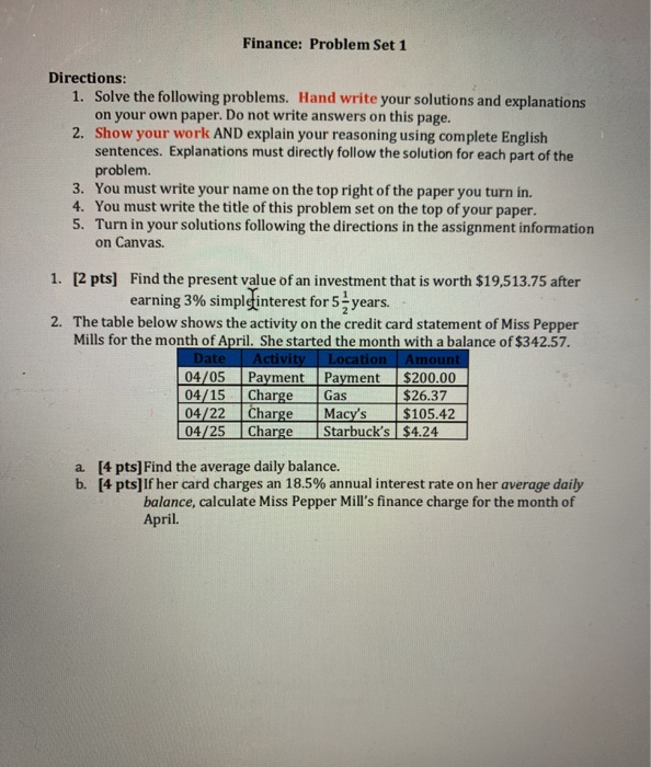Solved Finance: Problem Set 1 Directions: 1. Solve the | Chegg.com