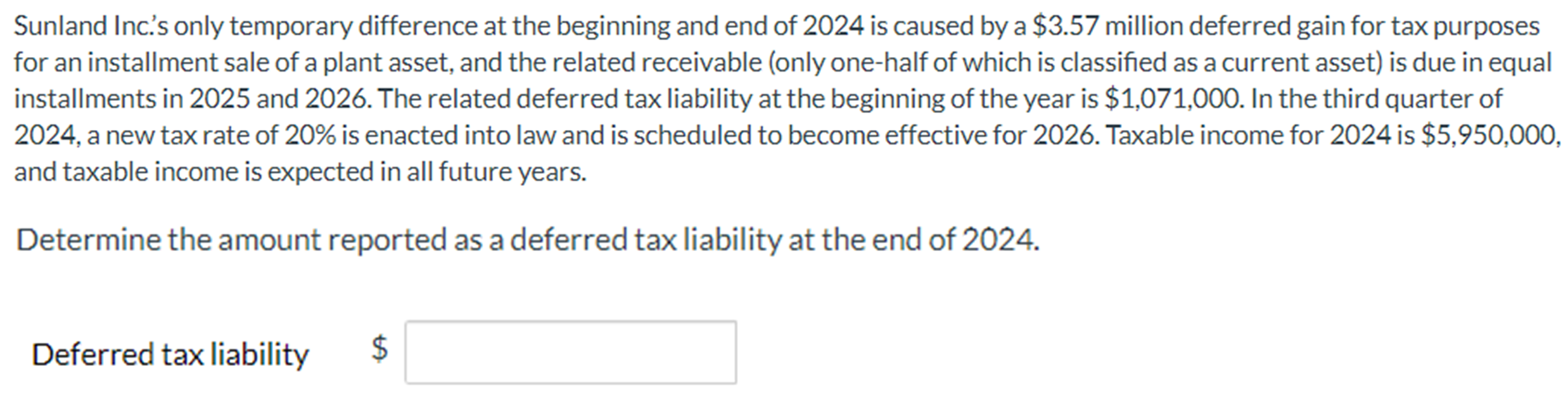 Solved Sunland Inc.'s only temporary difference at the | Chegg.com