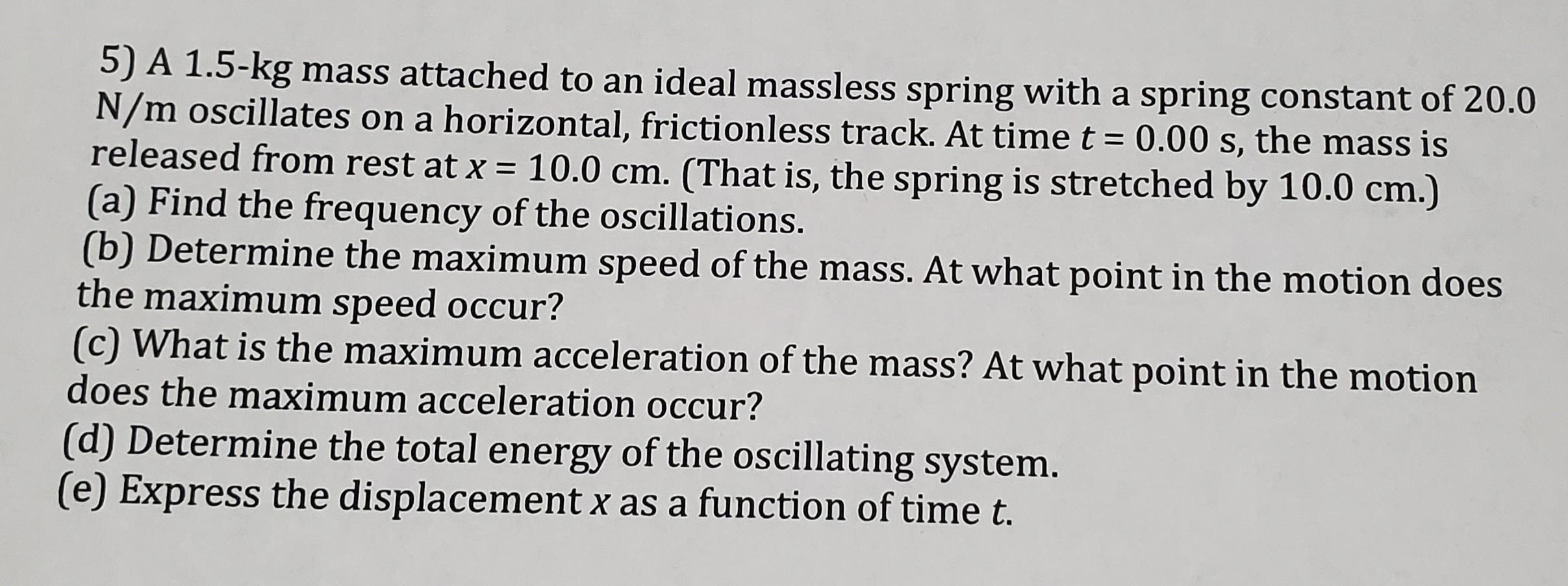 Solved 5) A 1.5-kg mass attached to an ideal massless spring | Chegg.com