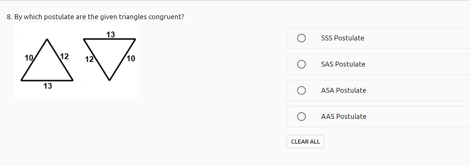 Solved 8. By which postulate are the given triangles | Chegg.com