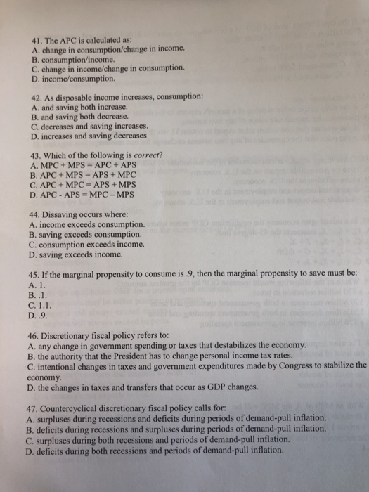 Solved 41. The APC is calculated as: change in | Chegg.com