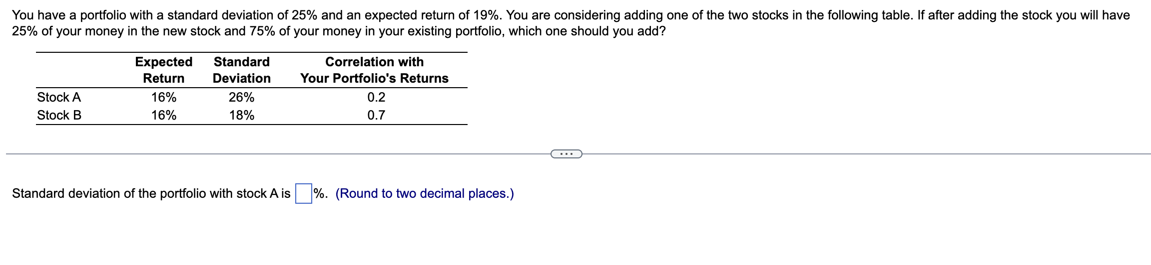 Solved Standard Deviation Of The Portfolio With Stock A Is