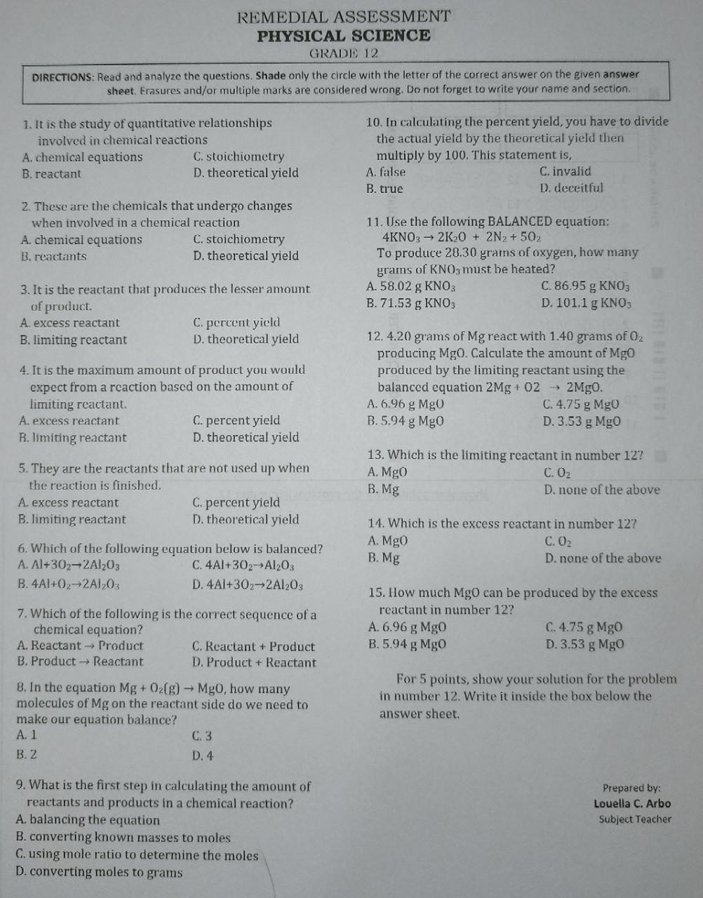 Solved REMEDIAL ASSESSMENT PHYSICAL SCIENCE GRADE 12 | Chegg.com