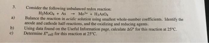 Solved 3. Consider the following unbalanced redox reaction: | Chegg.com