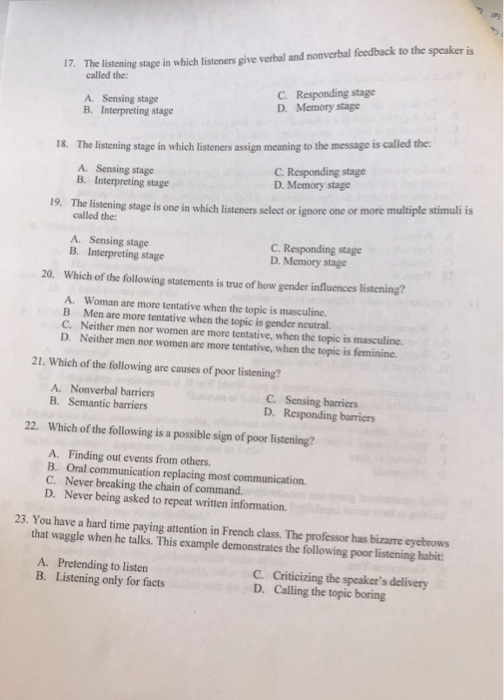 Solved 17. The listening stage in which listeners give | Chegg.com
