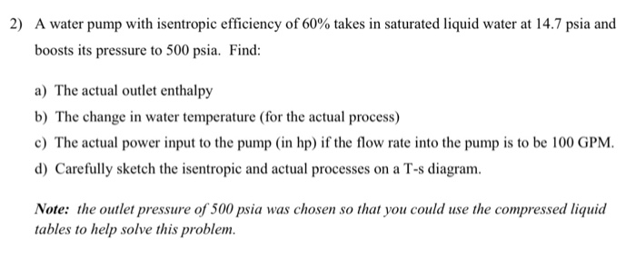 Solved A water pump with isentropic efficiency of 60% takes | Chegg.com