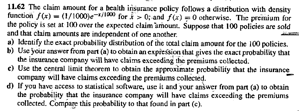 Solved 11.62 The claim amount for a health insurance policy | Chegg.com