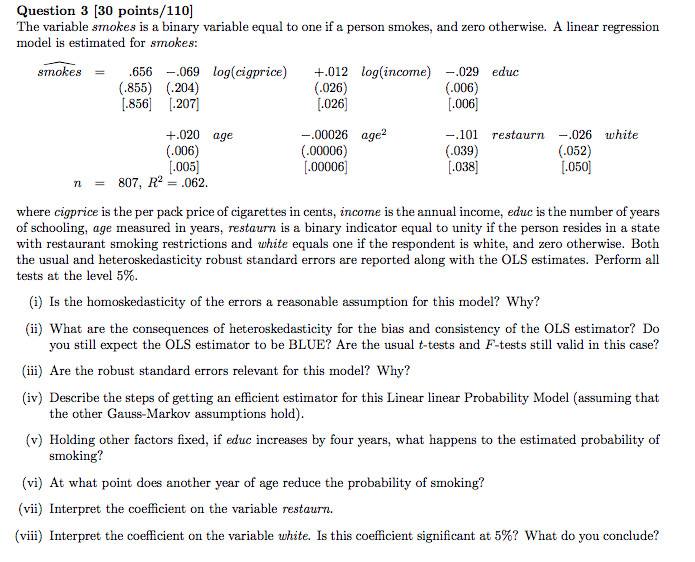 Question 3 30 Points110 The Variable Smokes Is A 