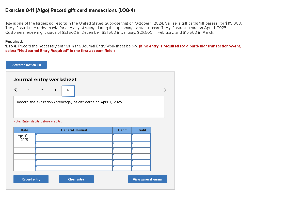 Solved Exercise 8-11 (Algo) Record gift card transactions | Chegg.com
