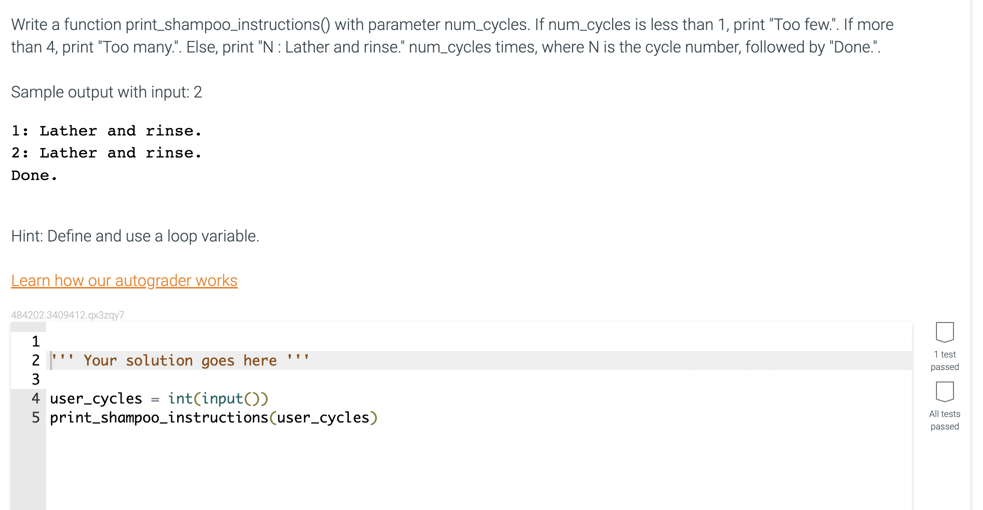 Solved Write a function print_shampoo_instructions() with | Chegg.com